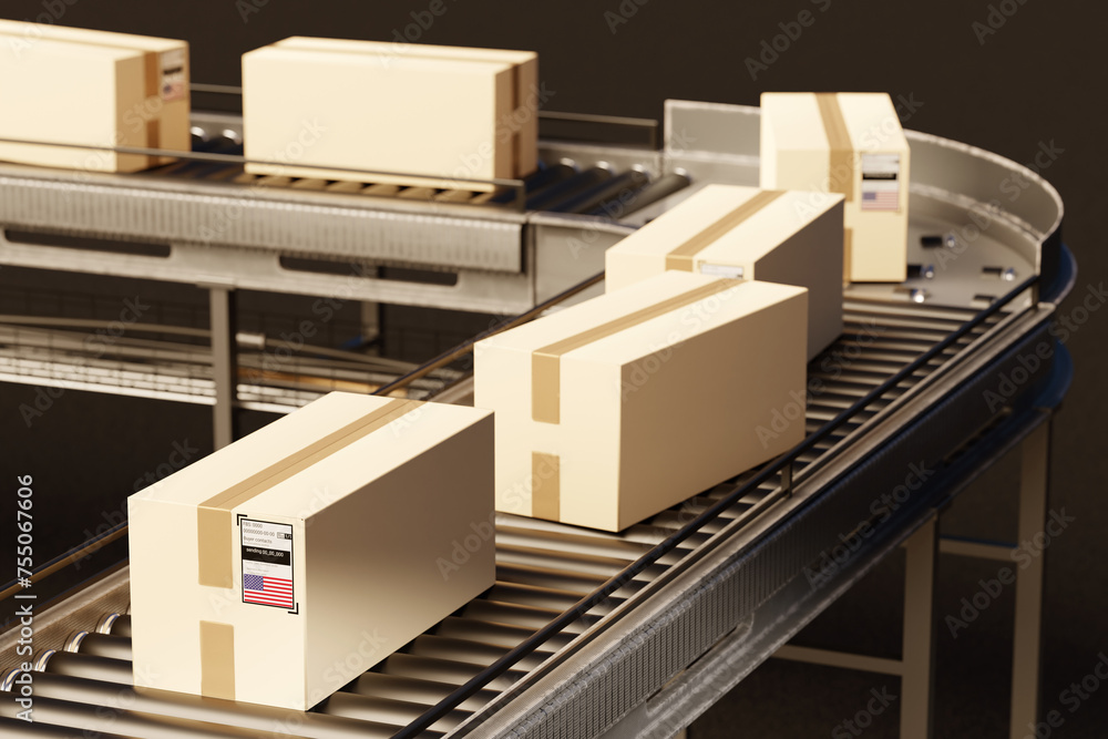 Conveyor with boxes. US flag on parcels. Automated production in united ...