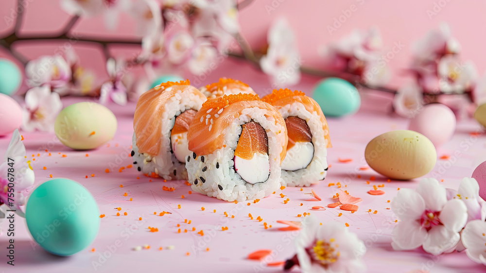 sushi on pink table with spring flowers and colorful Easter eggs Stock ...