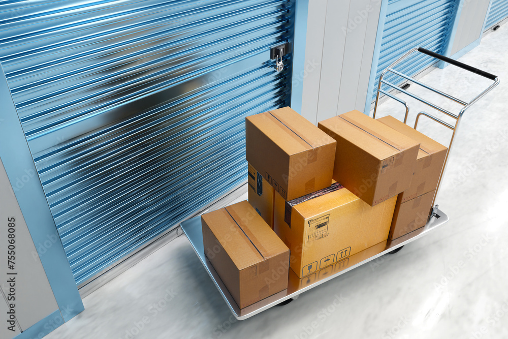 Warehouse trolley. Cart near storage unit. Cardboard boxes at entrance ...