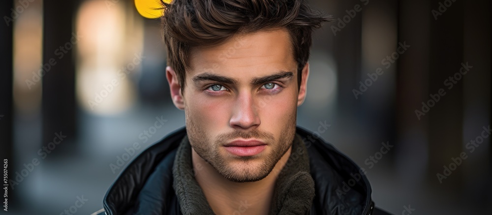 Close up of a mans face in a leather jacket and scarf, showing a ...
