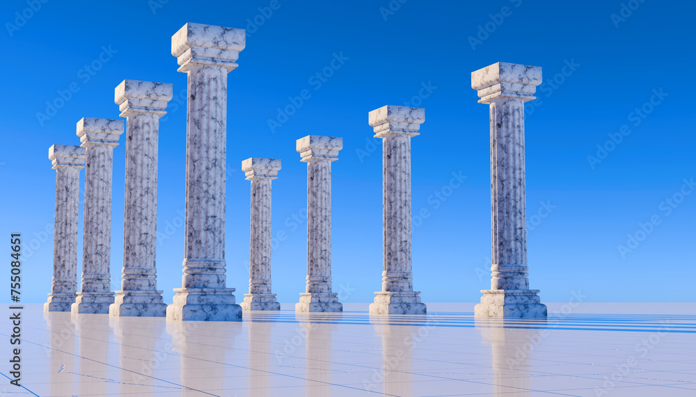 Roman columns on blue sky - 3d render. Ancient marble pillars in a row ...
