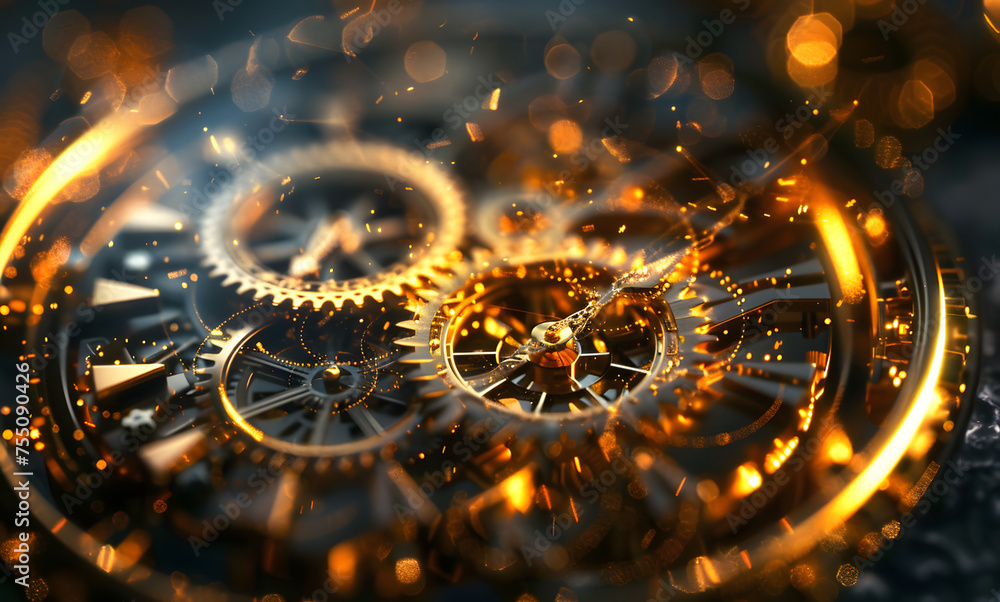ภาพประกอบสต็อก a rotating clock and gears with a black background, in ...