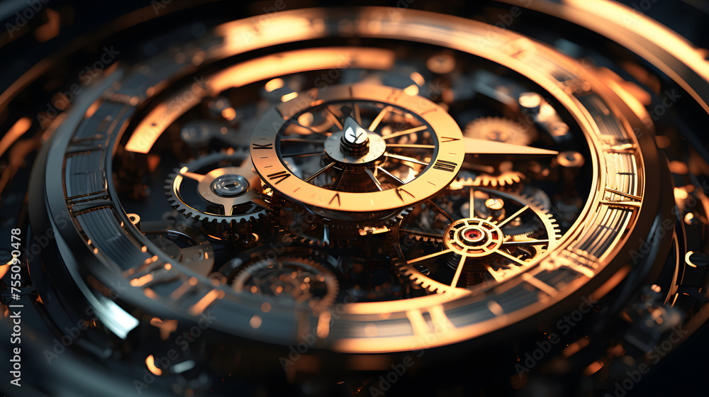 ภาพประกอบสต็อก a rotating clock and gears with a black background, in ...
