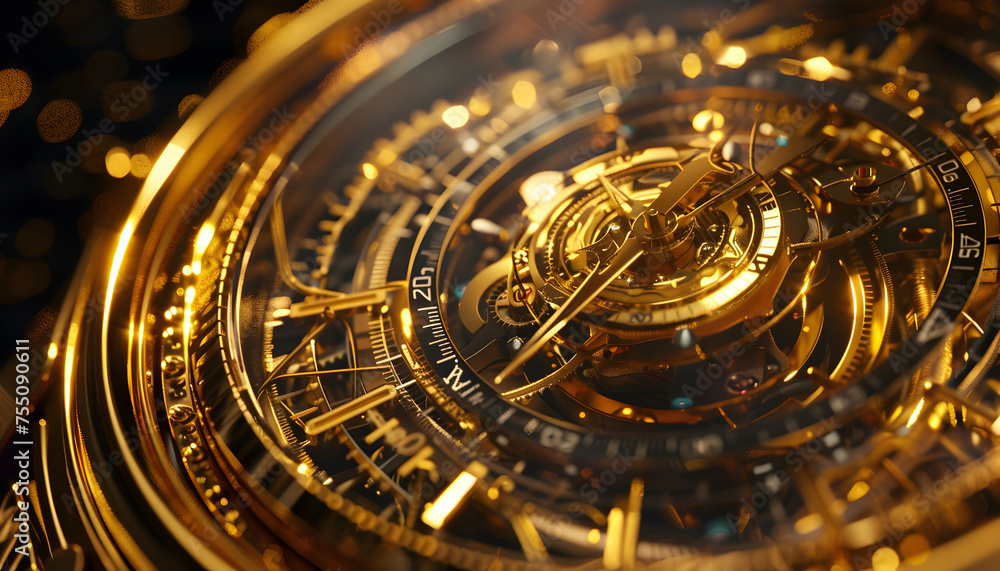 ภาพประกอบสต็อก a rotating clock and gears with a black background, in ...