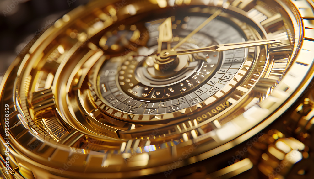 a rotating clock and gears with a black background, in the style of ...