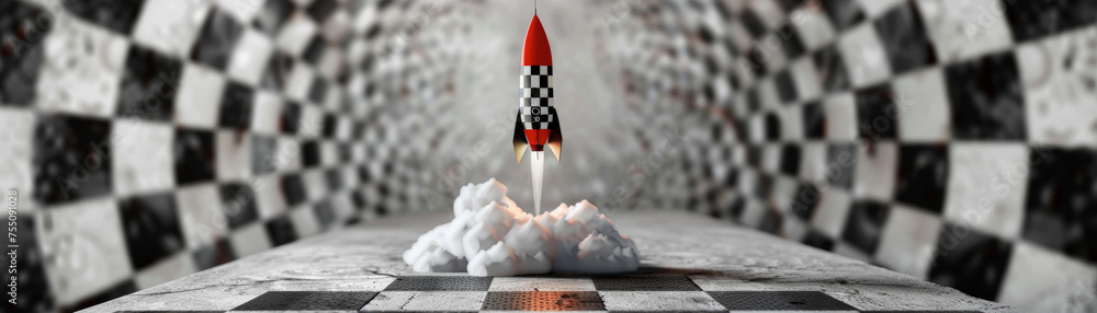 illustrated image of a rocket lifting off, red tip, black and white ...