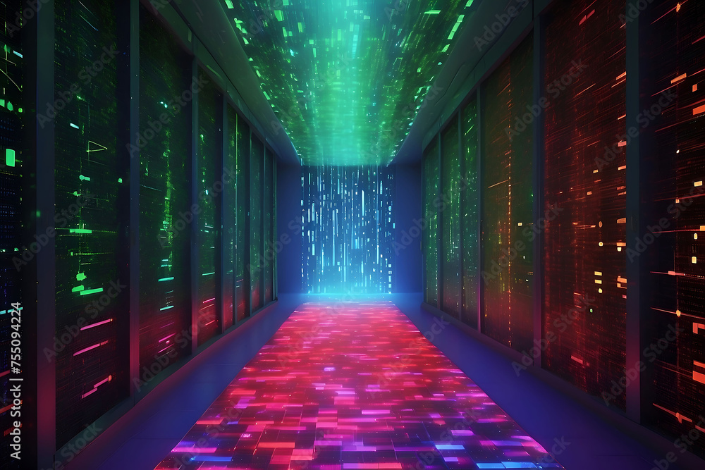 abstract Digital Data Center server room Rack base with Ai Binary coding lettering vibrant color ...