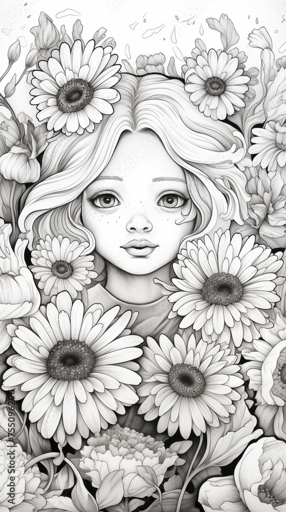 Antistress coloring for adults, children. Girl in flowers, Flower ...