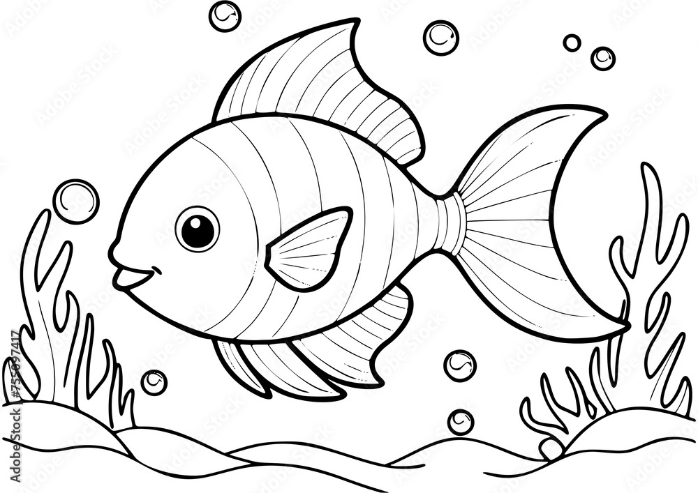 Drawing simple lines cute fish coloring book pages. cartoons for ...