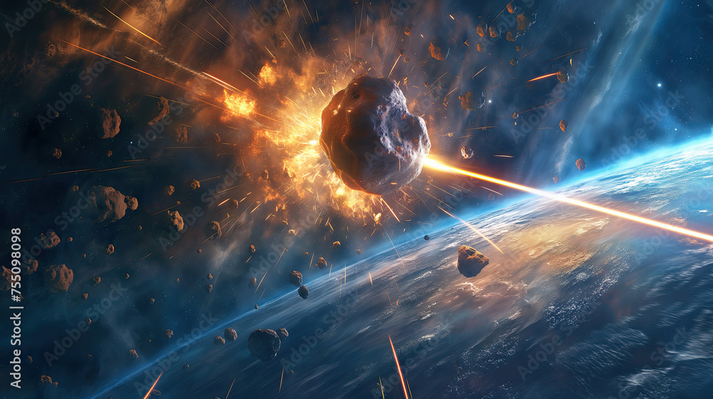Giant asteroid being destroyed by a laser shot from a spaceship against ...