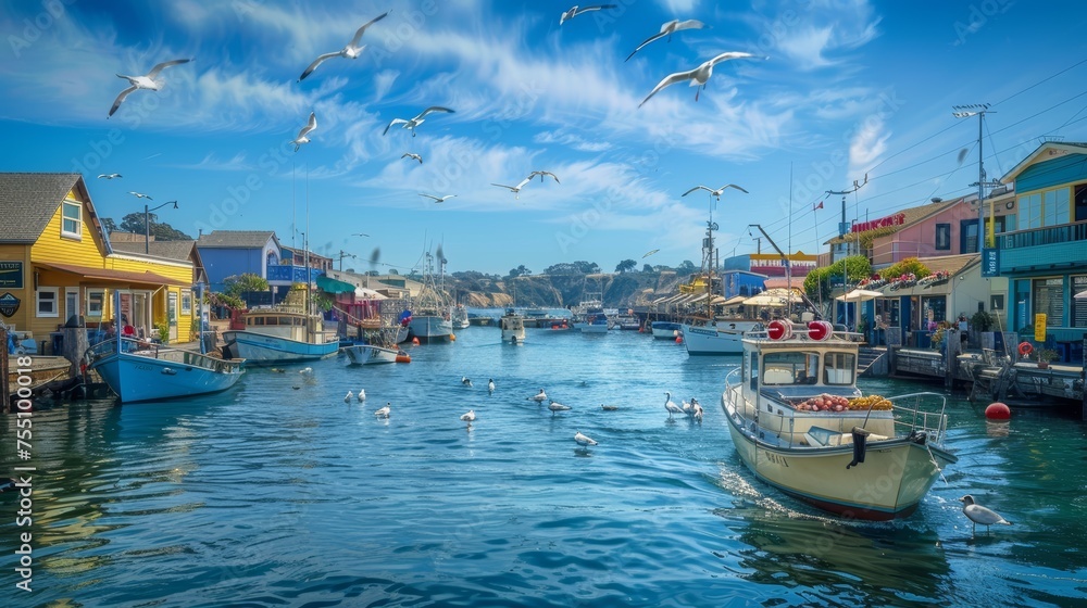 Fishing boats docked at a colorful harbor with seagulls flying overhead ...