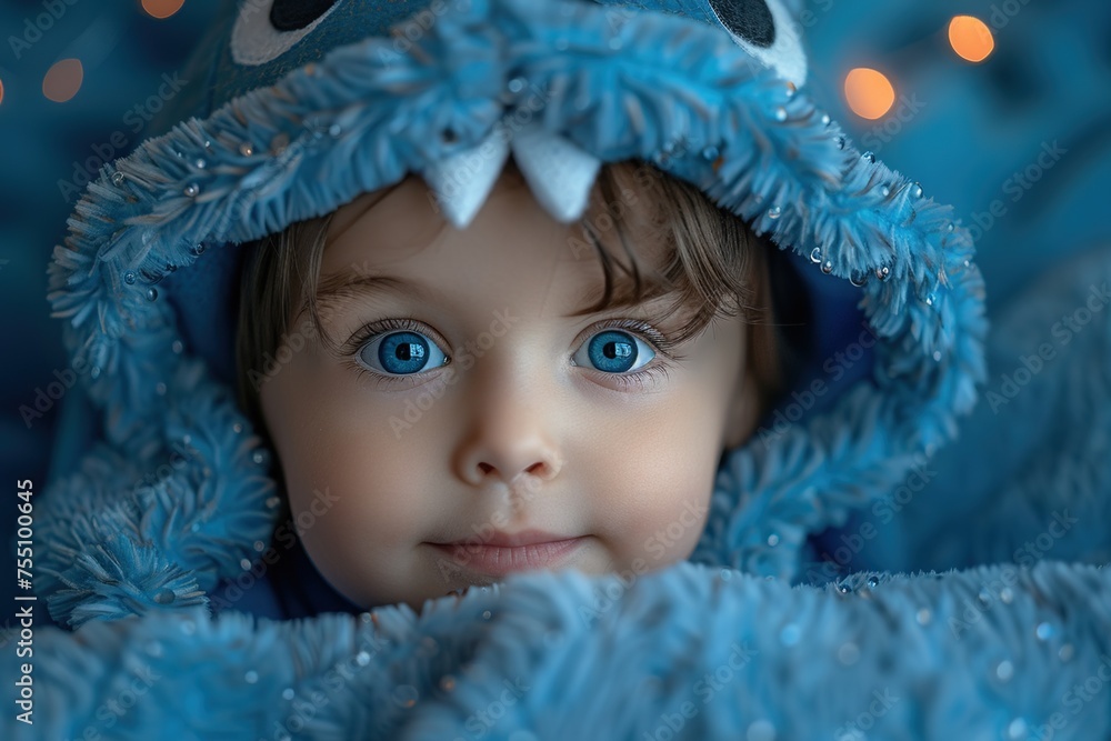 Dressed as a lovable shark, a young boy with captivating blue eyes ...