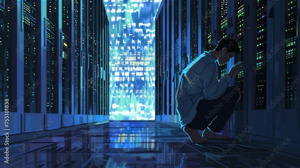 Animated character in awe in server room - Illustration of an awestruck ...