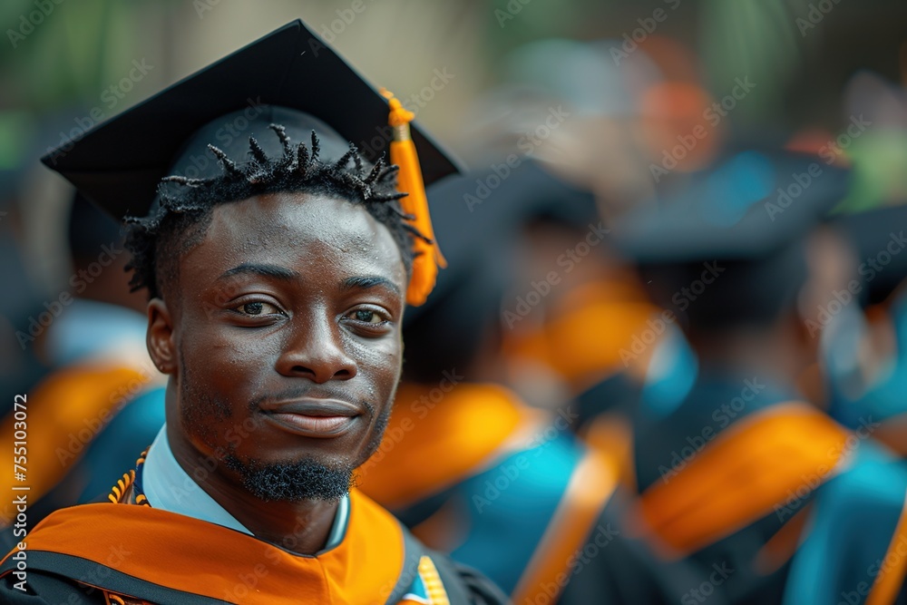 Radiating happiness and confidence, an African male graduate smiles ...