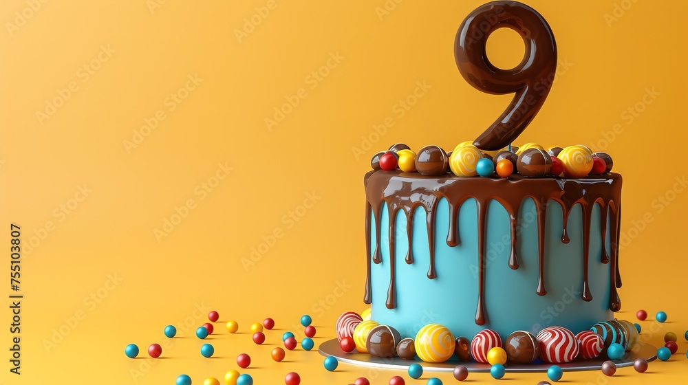 Birthday cake on a 9 years decorated with colorful sweets, chocolate ...