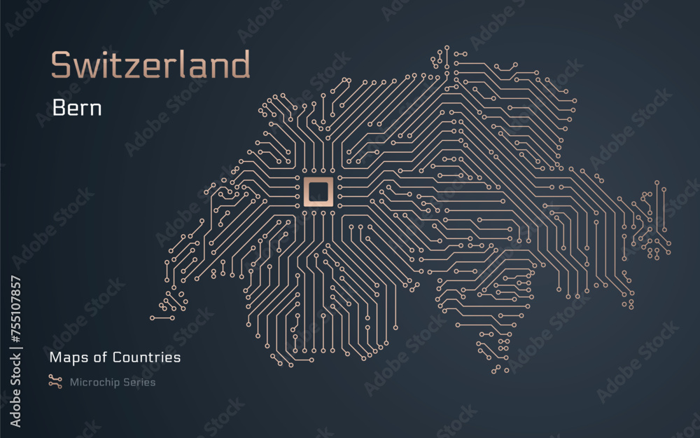 Switzerland, Map with a capital of Bern Shown in a Microchip Pattern. E ...