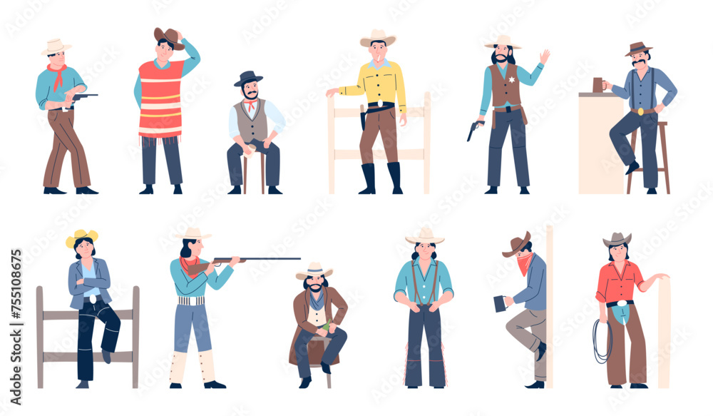 Cowboy characters. Wild west style male character. Western heroes wear ...