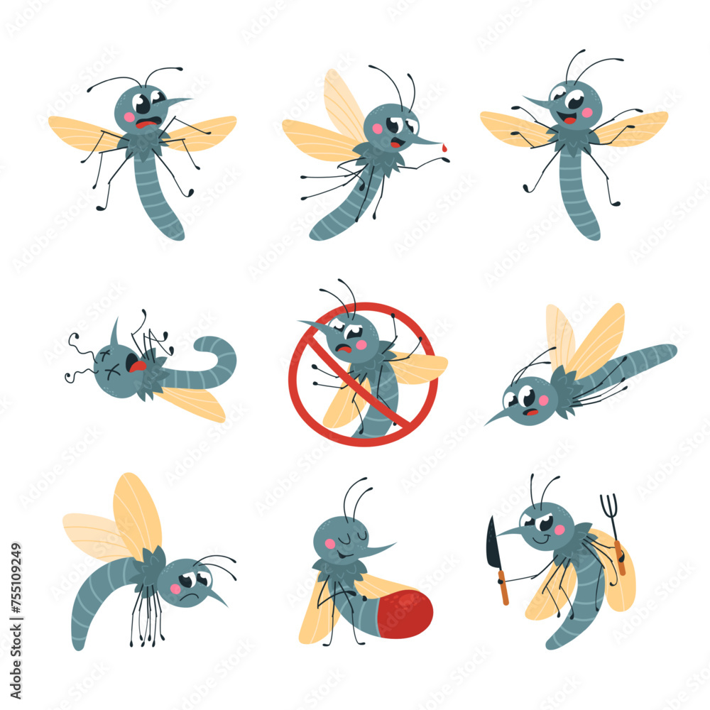 Cartoon mosquitoes. Isolated funny mosquito in various poses. Seasonal ...