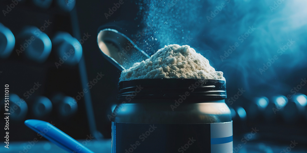 Dynamic image of a scoop overflowing with protein powder with a ...