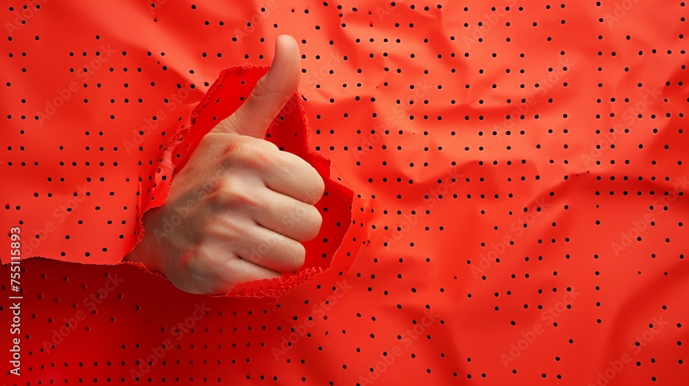 hand and thumb up coming from a from red punched paper, hand showing ...