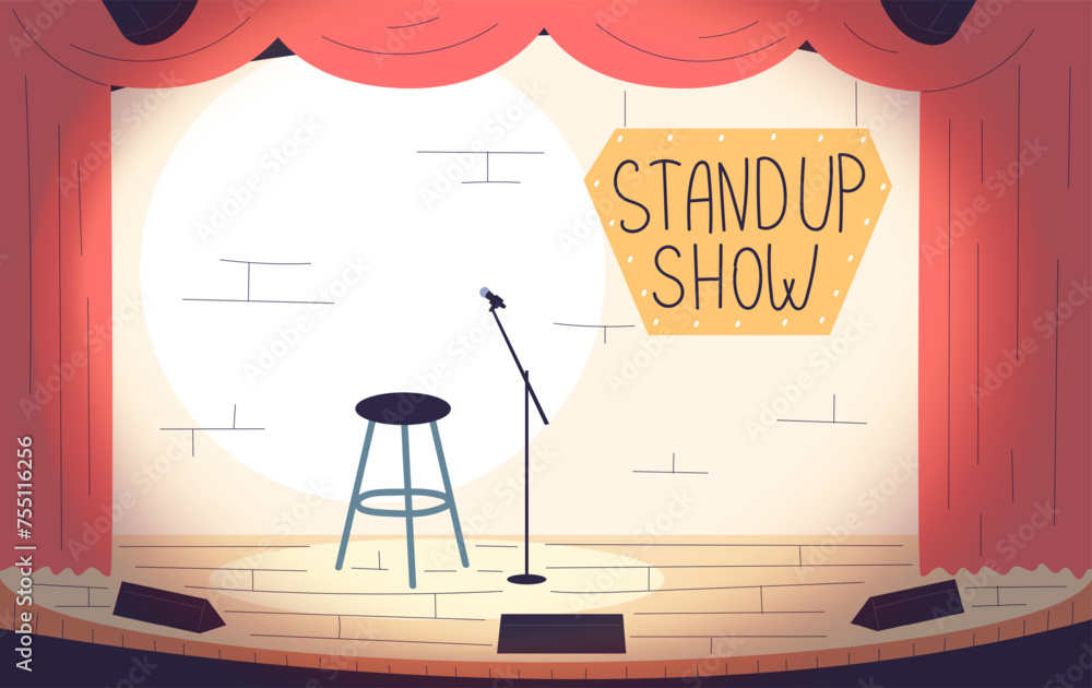 Standup stage. Stand-up event cartoon interior, microphone and stool on ...