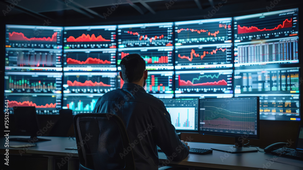 A man working at a control room with large screens displaying rising ...