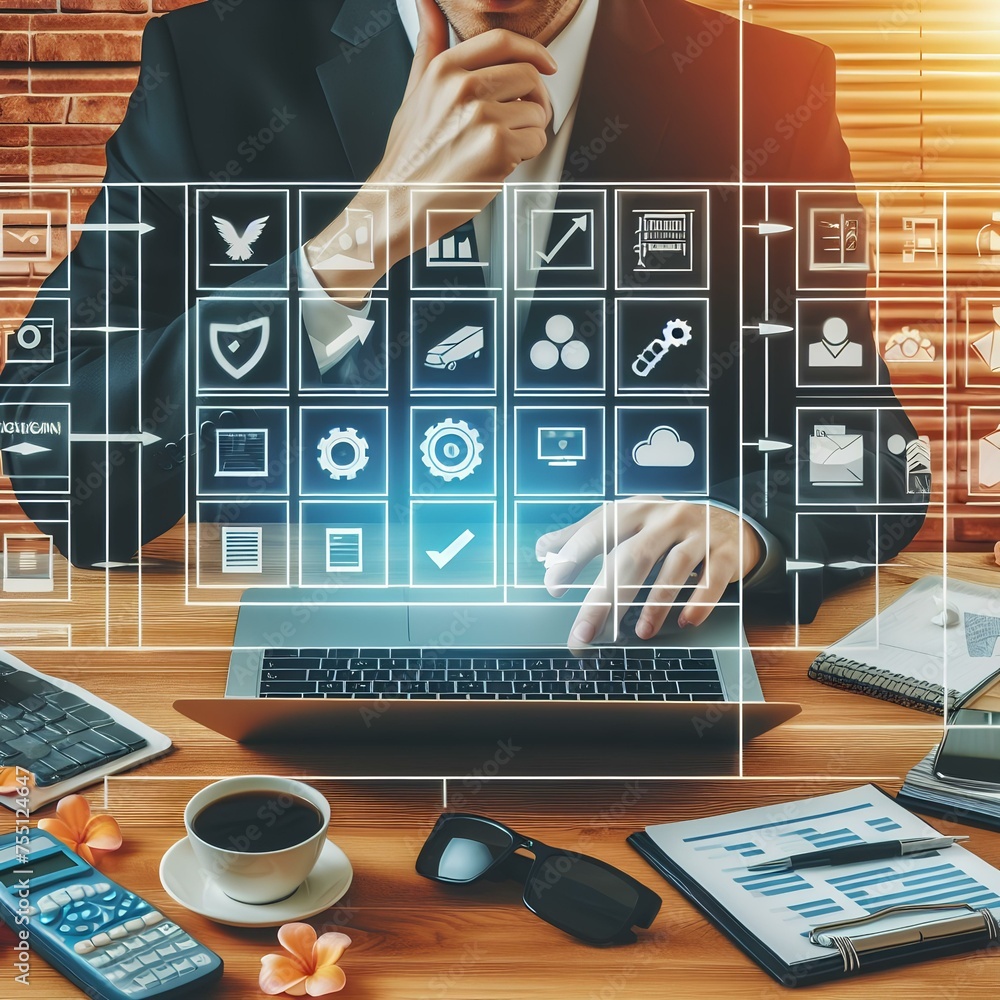 Business developer using Kanban board framework on laptop computer ...