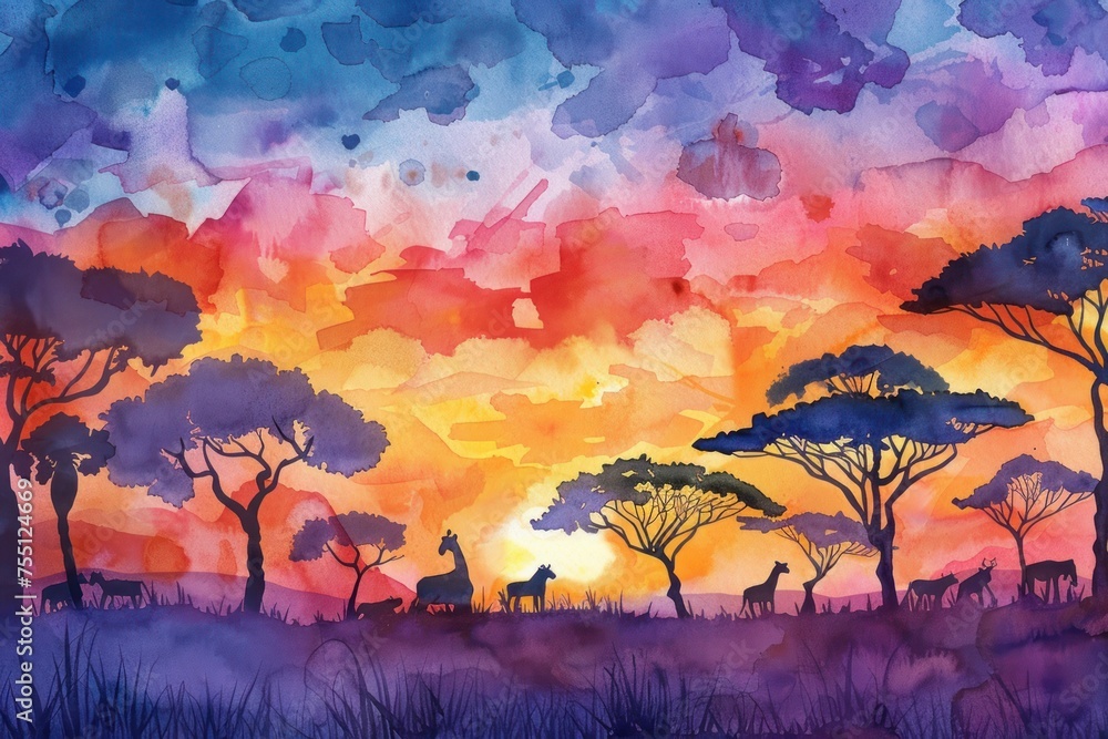 A watercolor scene of a traditional African savannah at sunset with ...