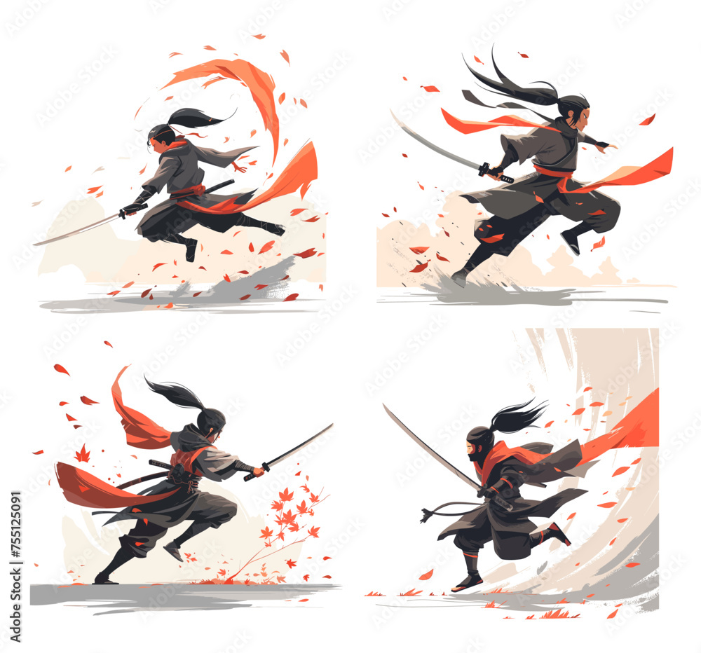Asian Warrior Cartoon Style Vector Concepts Ancient East Japan China Active Pose Sword