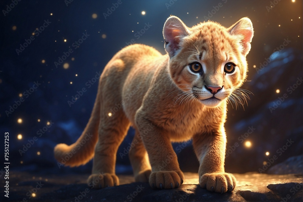 Cute little puma with a glowing golden aura in the dark Stock Photo ...