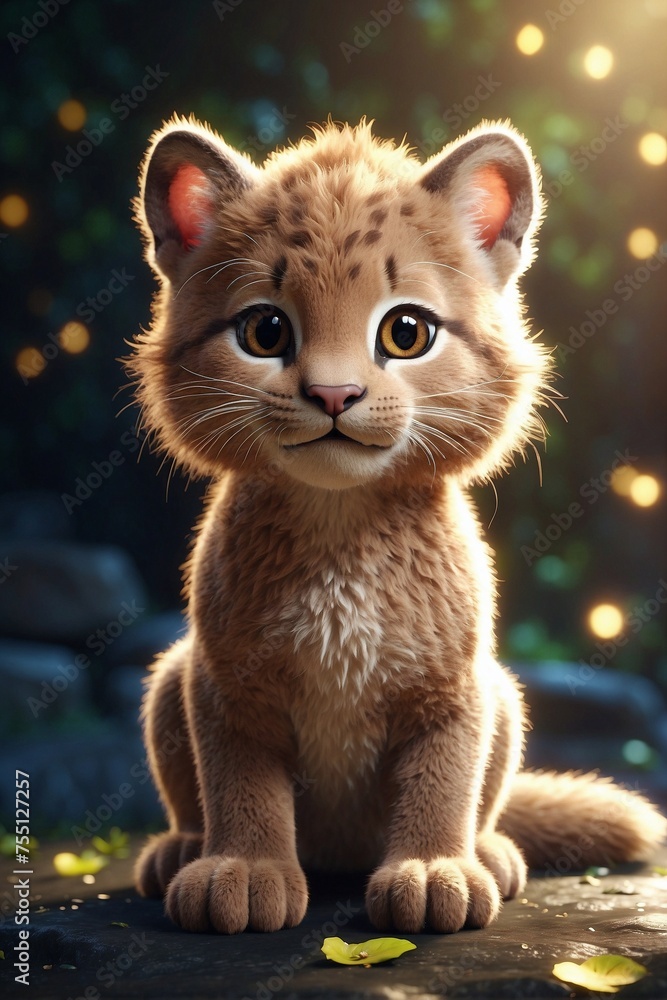 Cute little puma with a glowing golden aura in the dark Stock ...