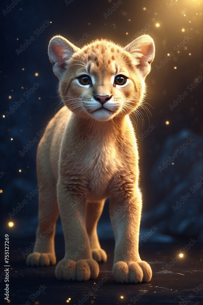 Cute little puma with a glowing golden aura in the dark Stock ...