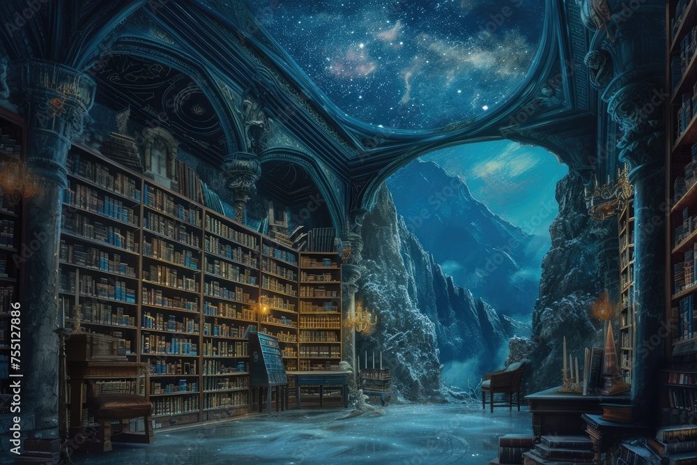 An ancient library filled with magical books, glowing orbs, and ...