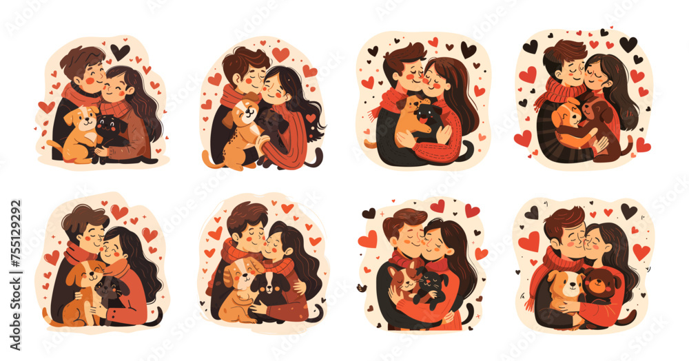 Family love dogs cartoon vector concepts. Man woman characters embrace ...