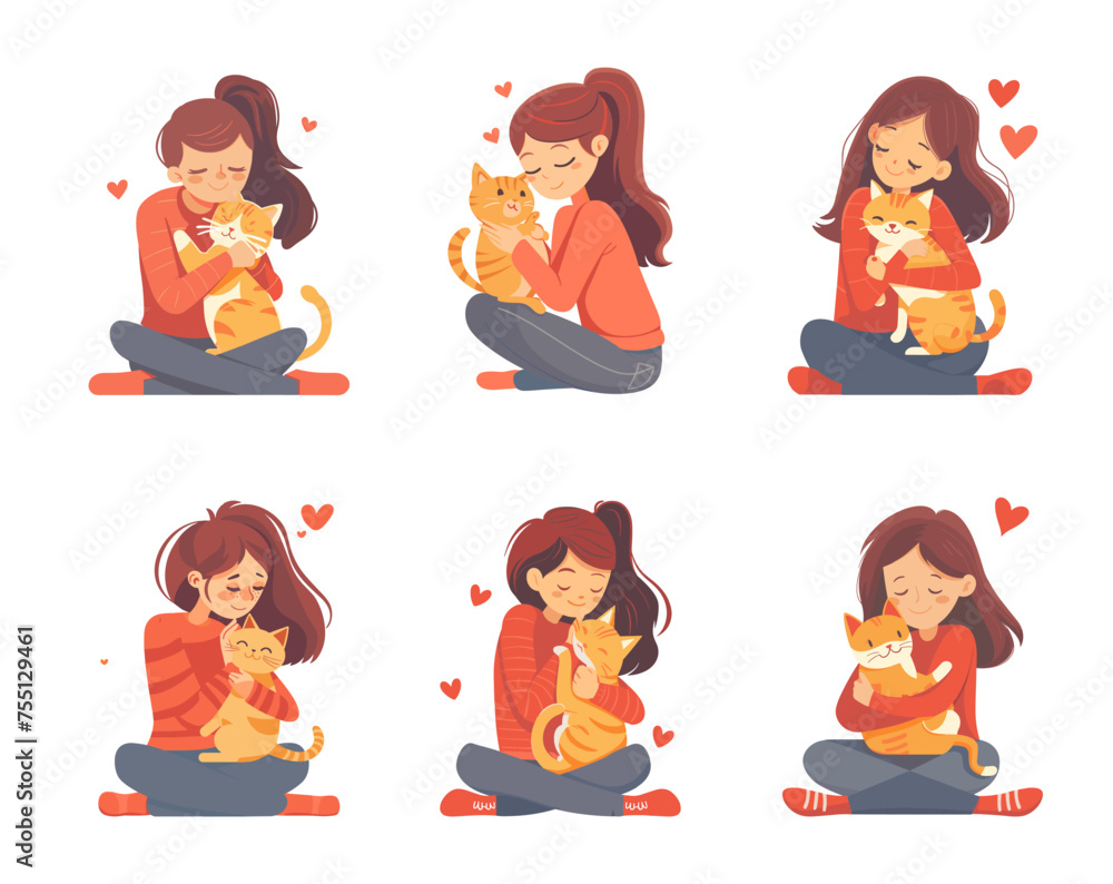 Girl hugging cat cartoon vector set. lotus pose love pet embrace woman ...