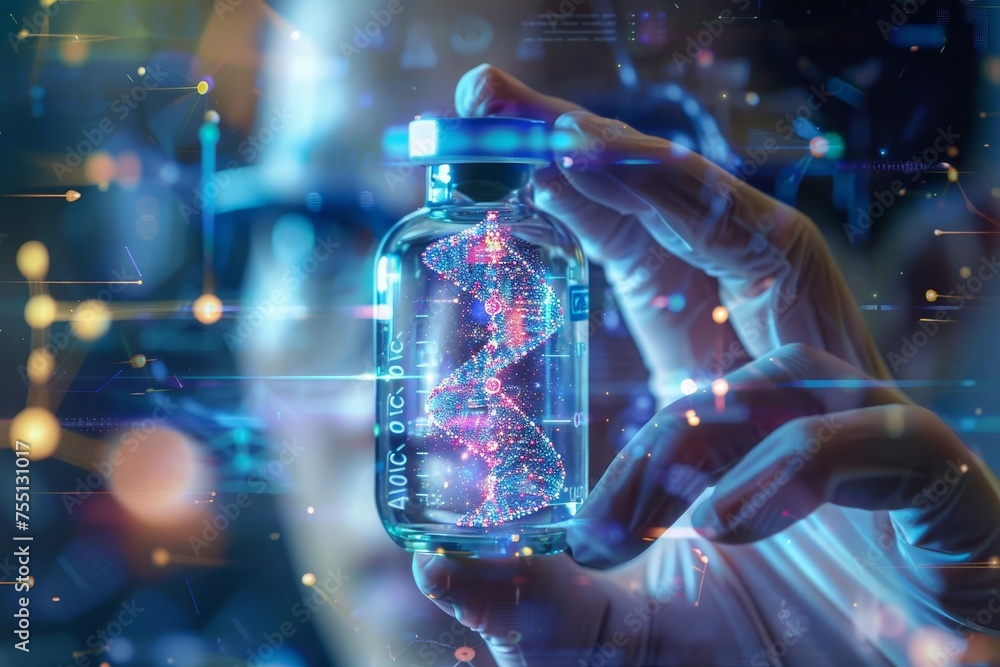 Scientist holding a vial with a holographic projection of dna ...