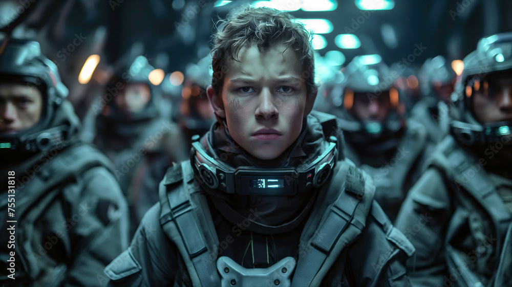 Futuristic soldier with their squad before deployment. Determined ...