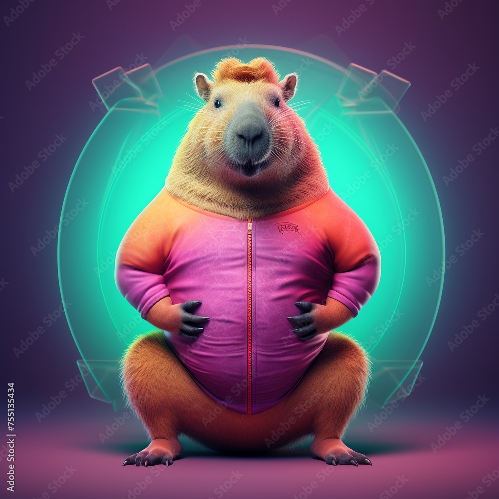 Overweight capybara in neon gym wear looking down at its belly gentle ...
