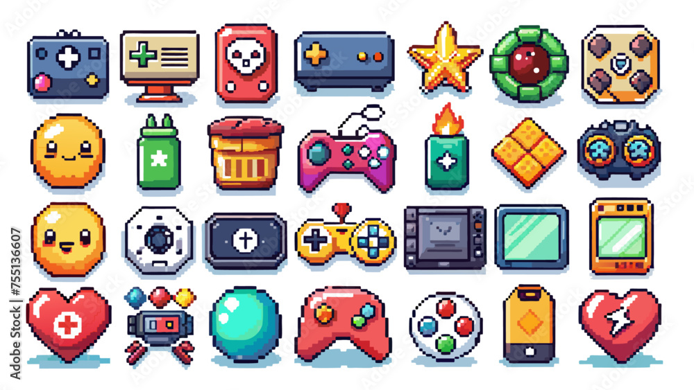 Pixel game icon. Retro video games element, arcade UI button, digital console 8-bit interface ...
