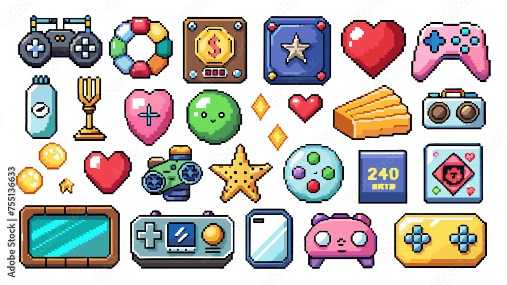 Pixel game icon. Retro video games element, arcade UI button, digital console 8-bit interface ...