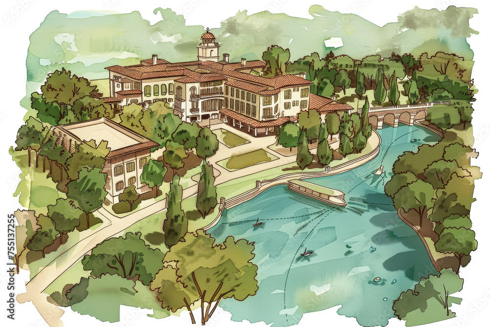 A drawing of a map of the hotel area with icons of the main attractions ...