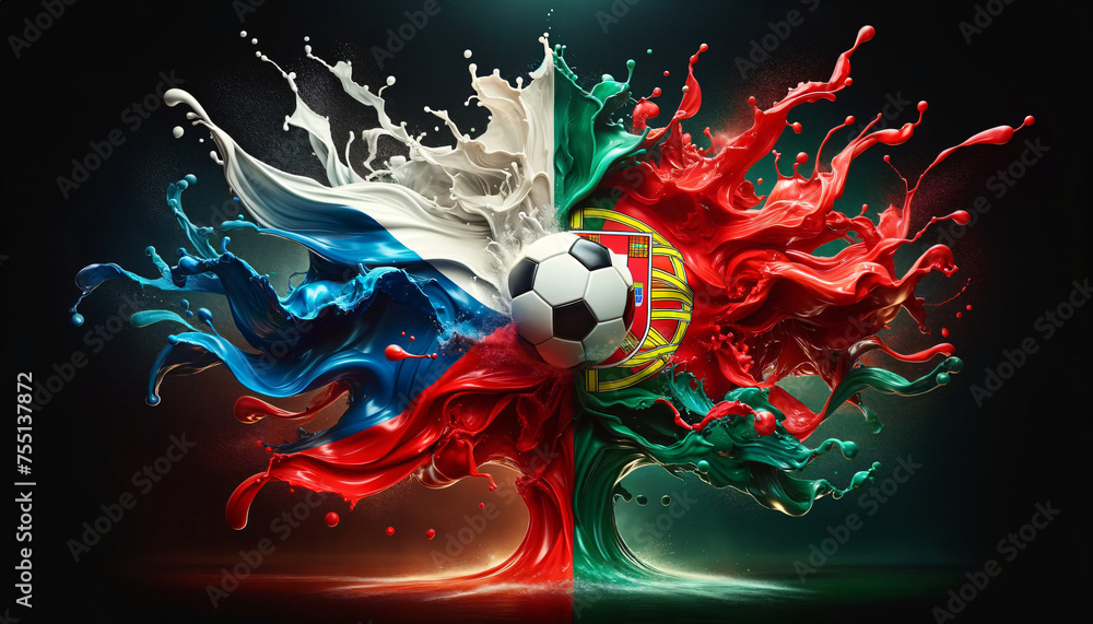 liquify country flags of Czechia and Portugal splash towards each other ...