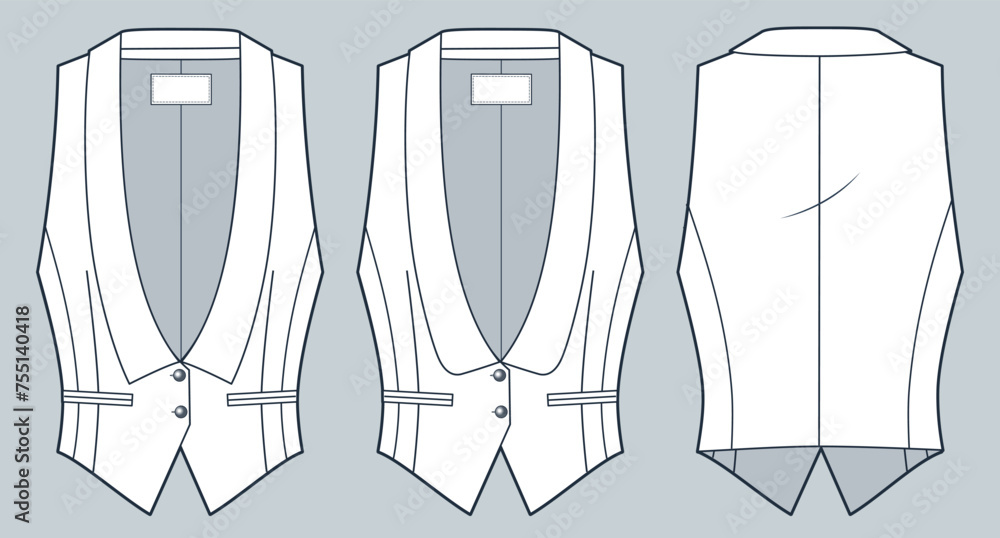 Plunging Vest Jacket technical fashion illustration. Classic Vest ...