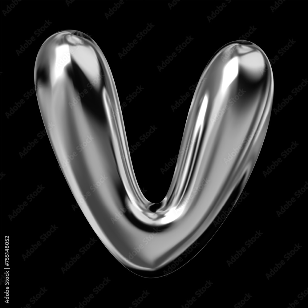3D chrome letter V of English alphabet, Y2K retro typeface with inflated balloon bubble font ...