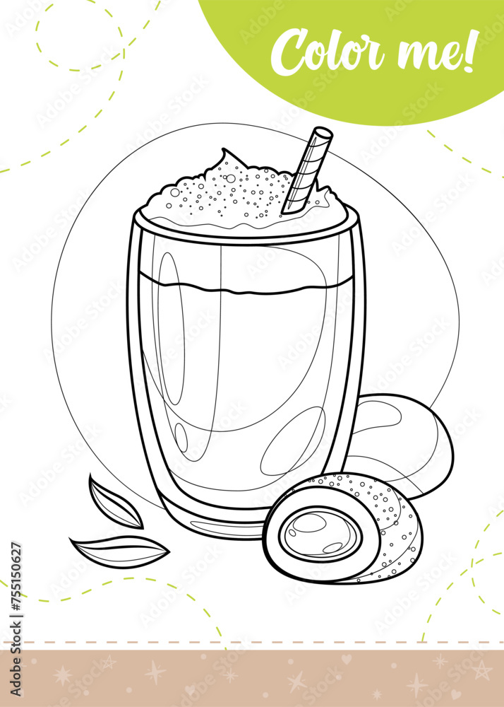 Vetor de Coloring page for kids with matcha latte cup and Japanese ...