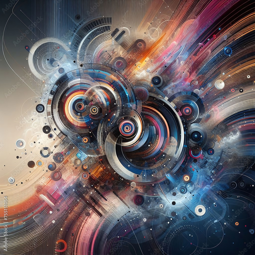 Dynamic abstract digital artwork with swirling patterns of circles and ...