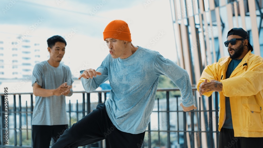 Hip hop team dance break dance while multicultural friend surrounded ...