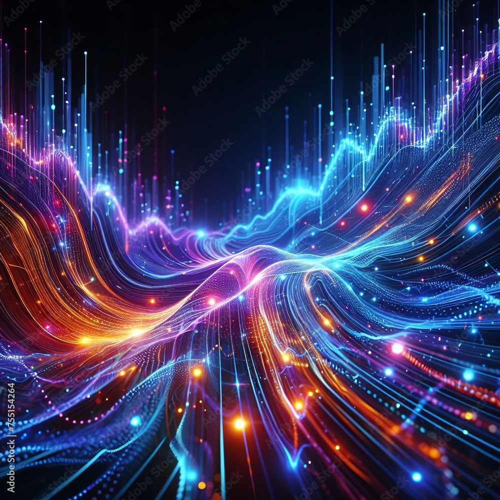 Light waves form pattern. Bright neon colors. Light lines flow ...