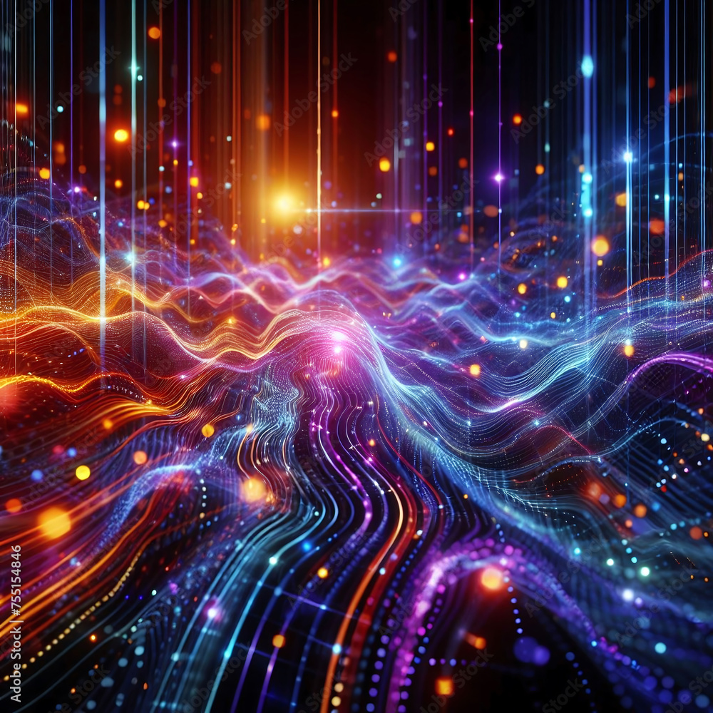 Light waves form pattern. Bright neon colors. Light lines flow ...