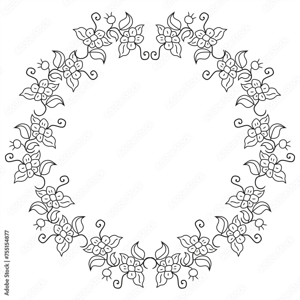 flower fruit and tendril pattern as a round frame in line art ...